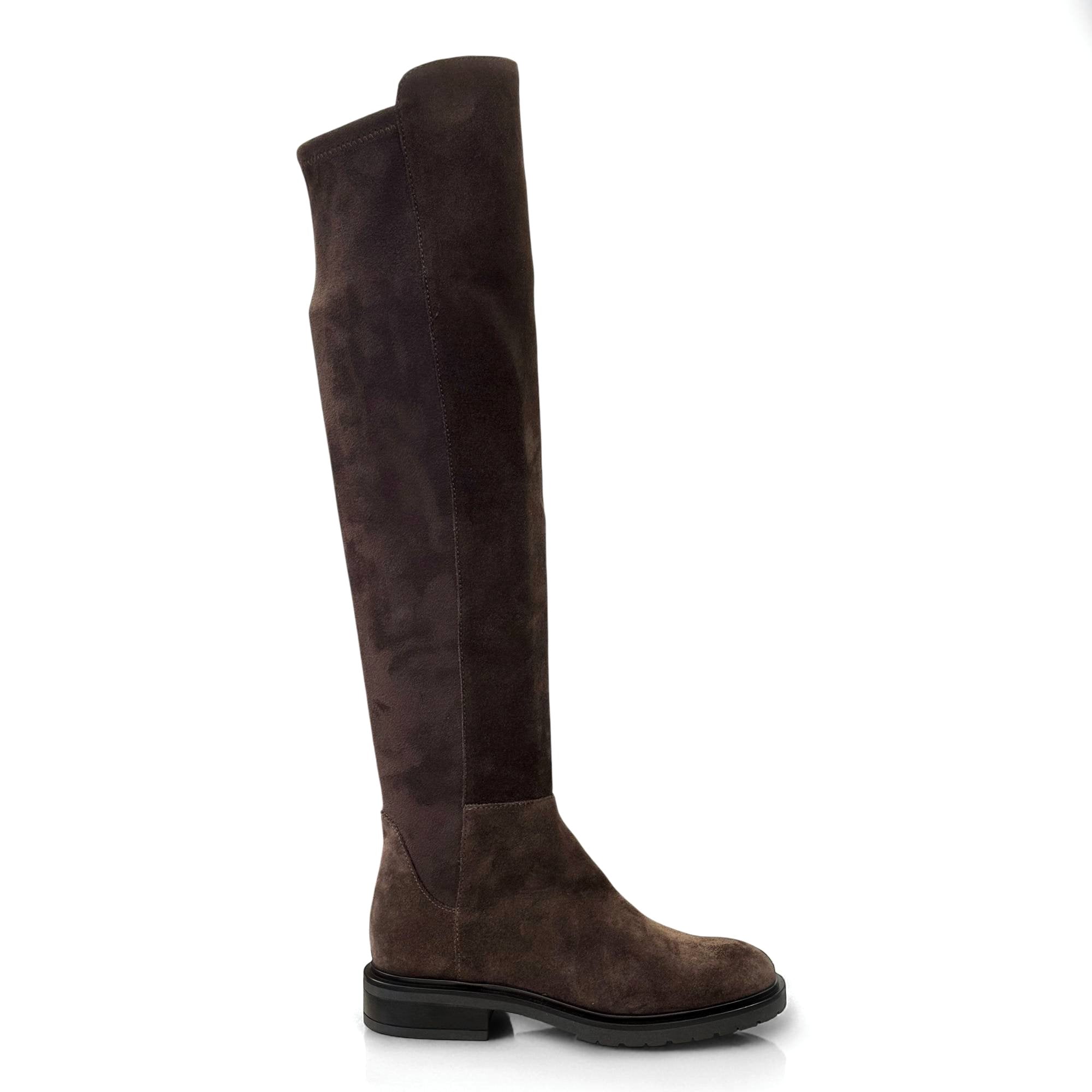 Cuissardes plates pour femme en daim marron foncé | Pepperina Calzature